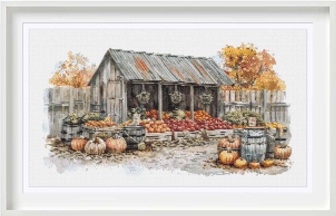 Farmhouse Produce Stand Cross Stitch Pattern: Autumn Pumpkins (digital ...