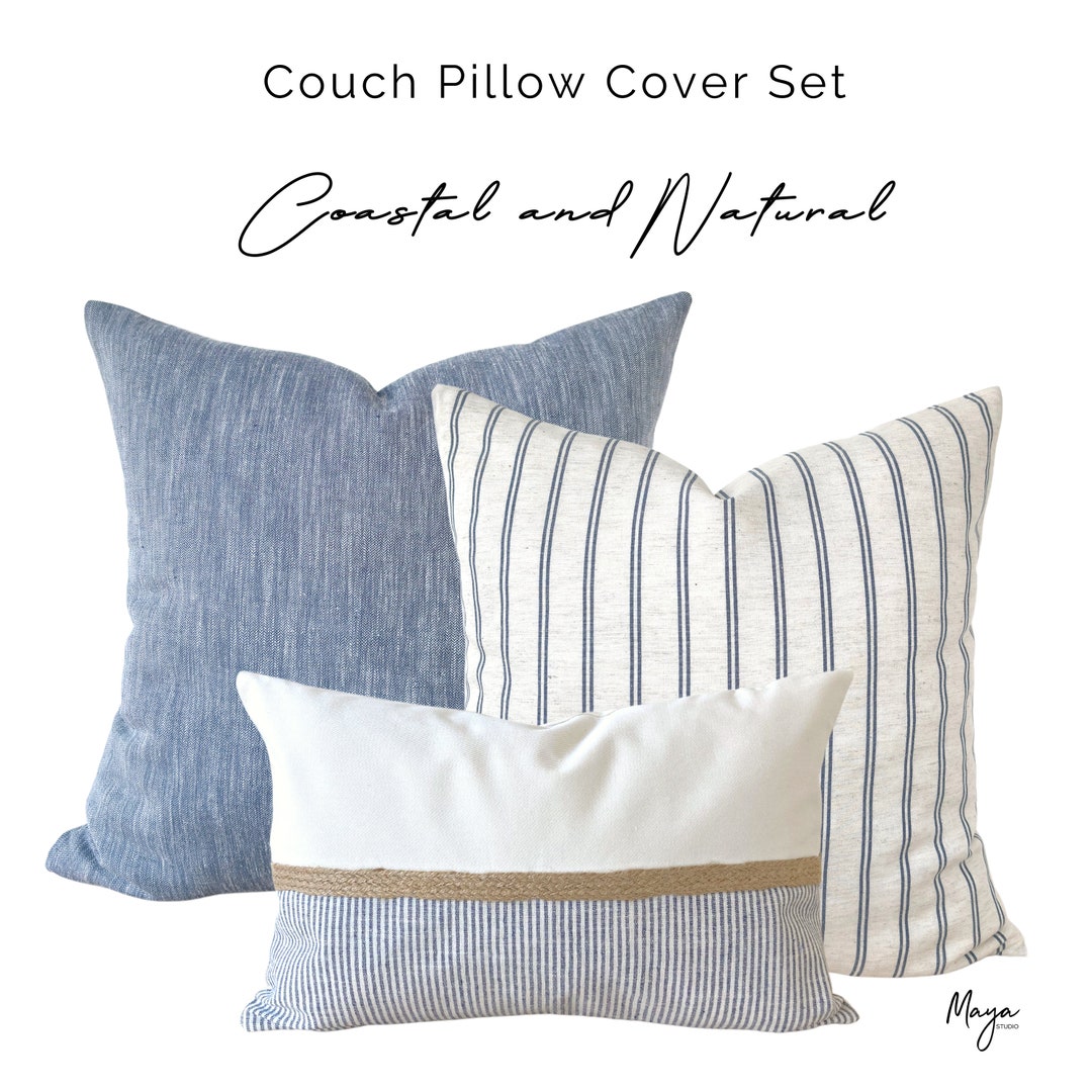 Coastal Blue Pillow Cover Set, Blue Striped Throw Pillow Set, Natural ...