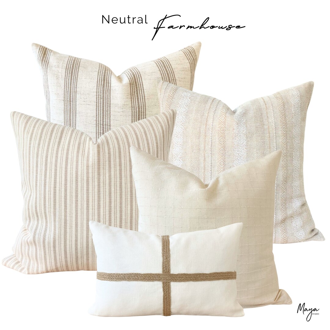 Neutral Throw Pillow Cover Set, Tan Striped Pillows, Textured Neutral ...