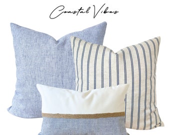Coastal Light Blue Linen Pillow Cover Set, Blue Striped Throw Pillow ...