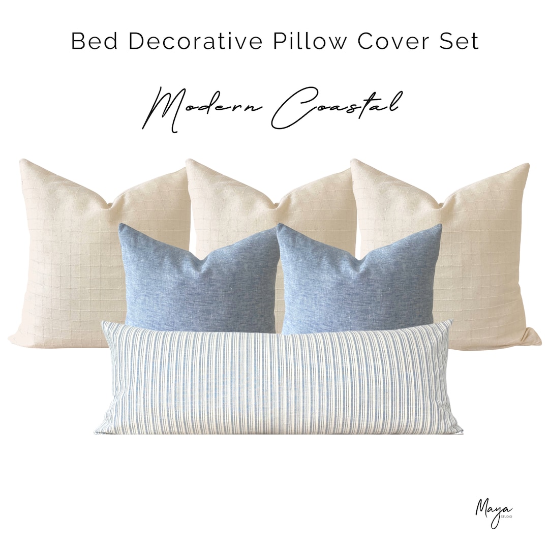 Coastal Linen Decorative Bed Pillow Cover Set, Blue Soft Linen Pillows, Textured Cream Linen ...