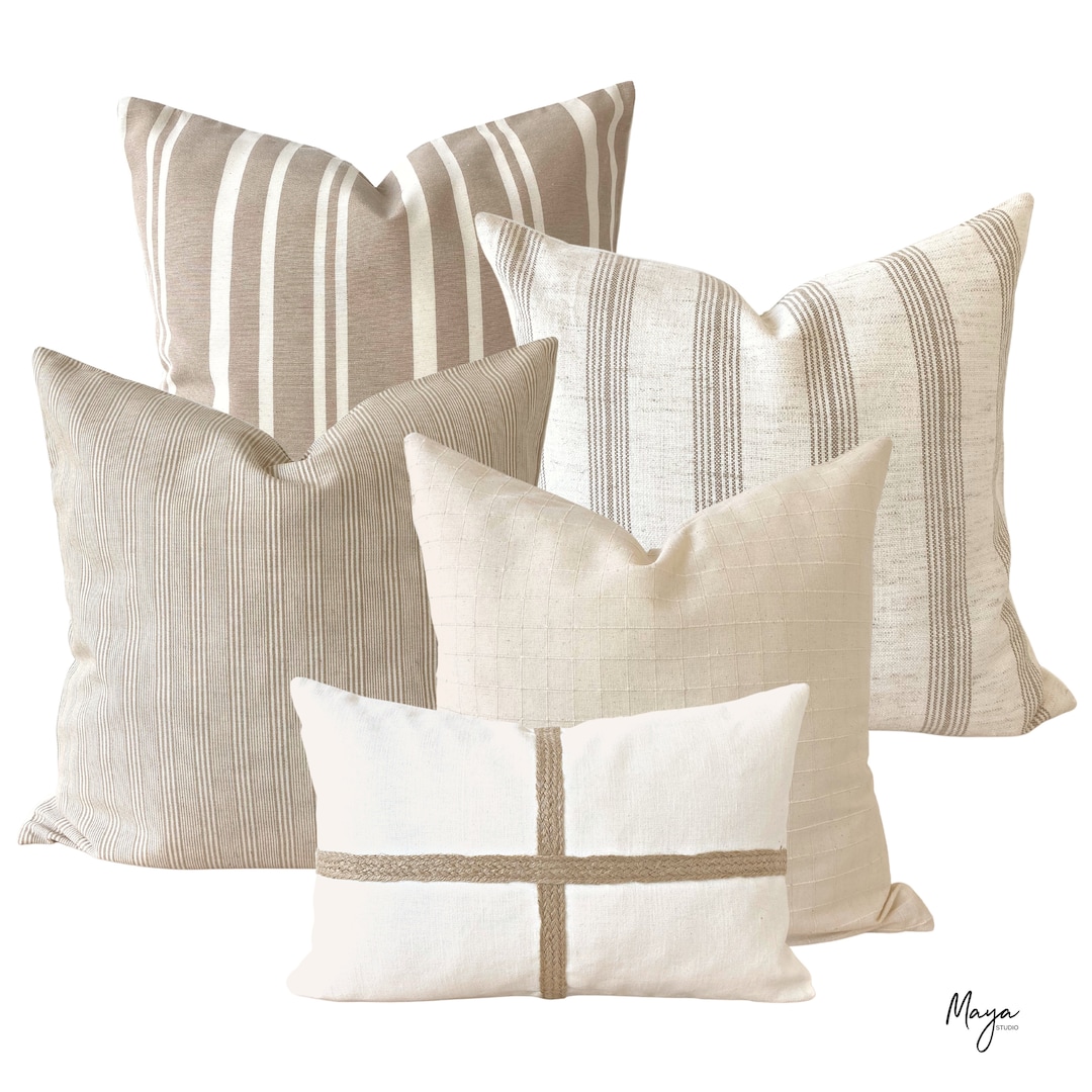 Cream and Tan Pillow Cover Set – Textured Linen Decorative Pillowcases ...