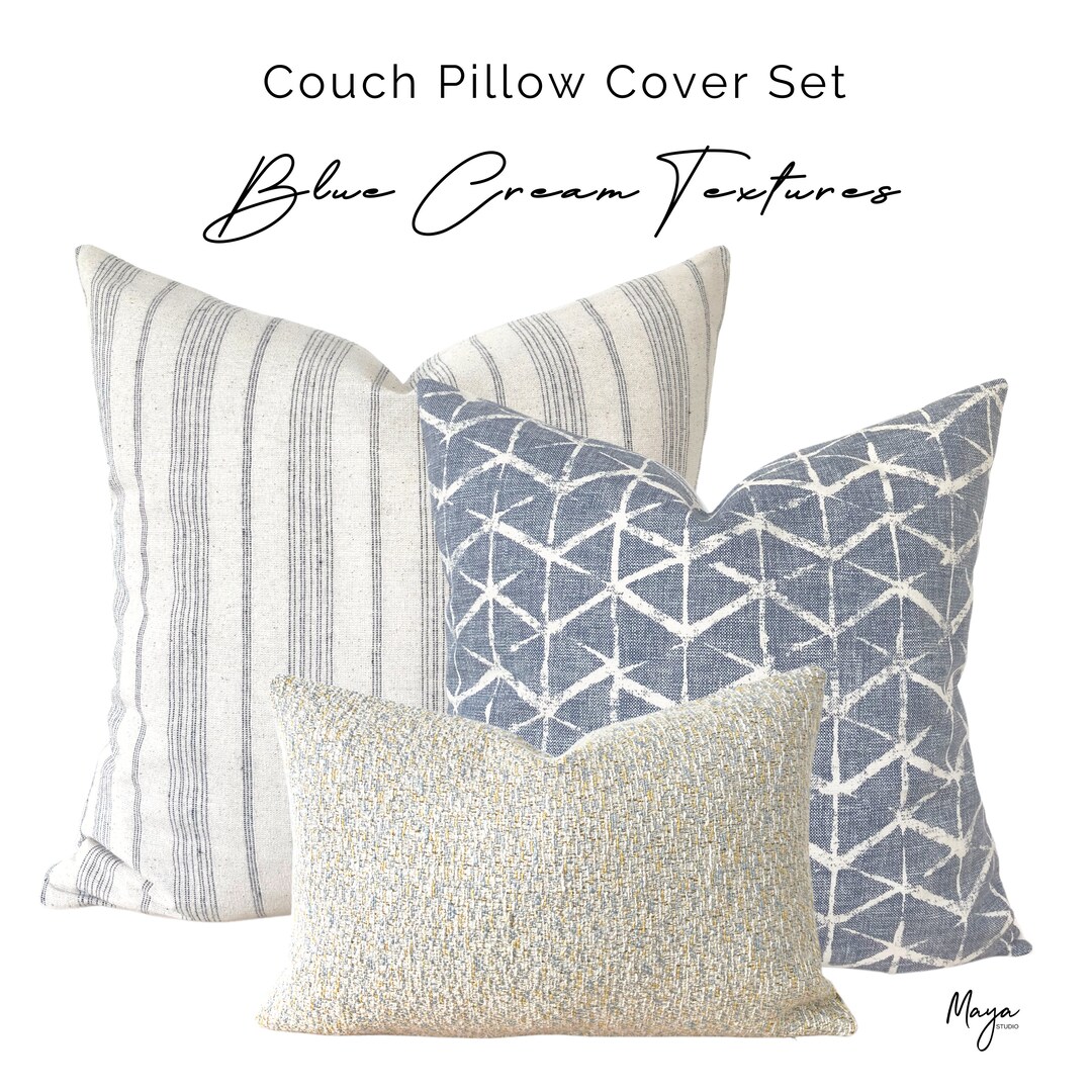 Blue Cream Pillow Cover Set, Coastal Blue Farmhouse Pillow Collection ...