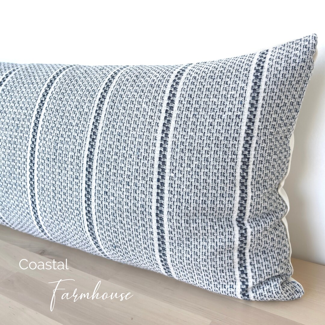 Blue Striped Long Lumbar Pillow Cover for Bed, Coastal Farmhouse Bed ...
