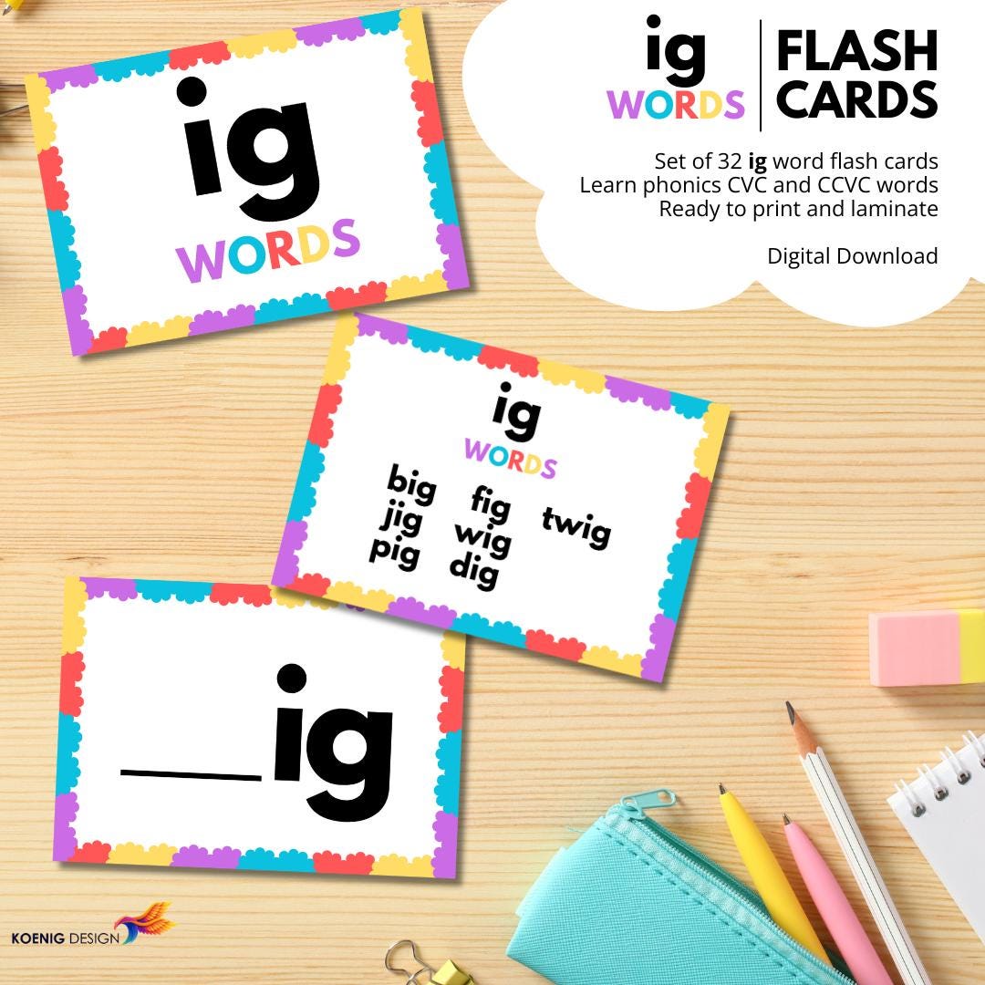 Ig Word Flash Cards - Phonics - CVC Sight Words - Education Resources ...