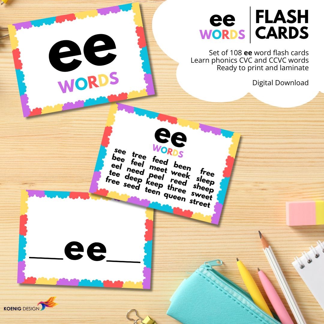 Ee Word Flash Cards Phonics CVV CVVC Sight Words Education Resources - Etsy