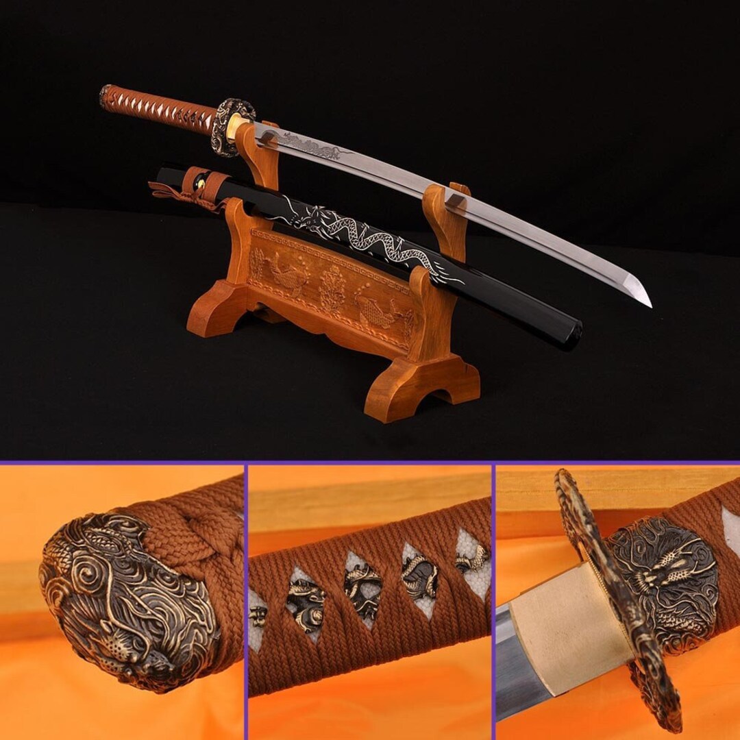Copper Crescent Katana Sword 1060 High-carbon Steel Black Engraved ...