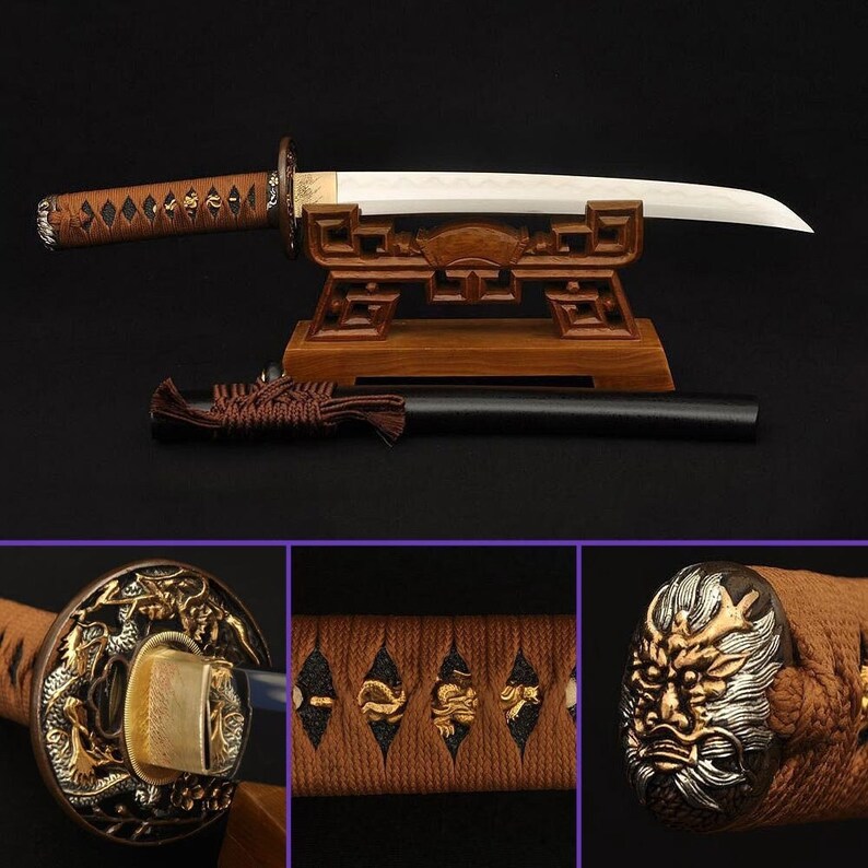 Japanese Tanto Knife 1095 Zigzag Clay-tempering Steel Black & Brown ...
