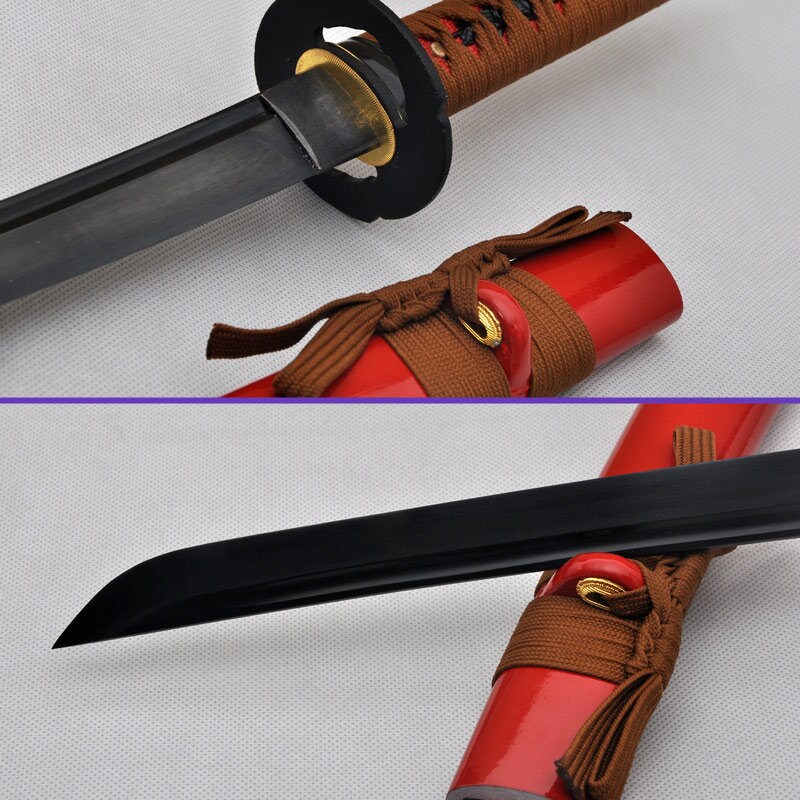 Wakizashi 1060 High-carbon Black Steel Red Saya & Brown Sageo Battle ...