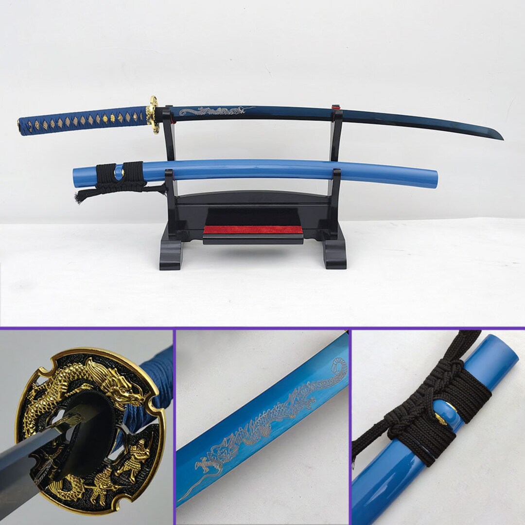 Deep Ocean Dragon Katana Sword T10 Steel Blue Blade W/ Engraving Real ...