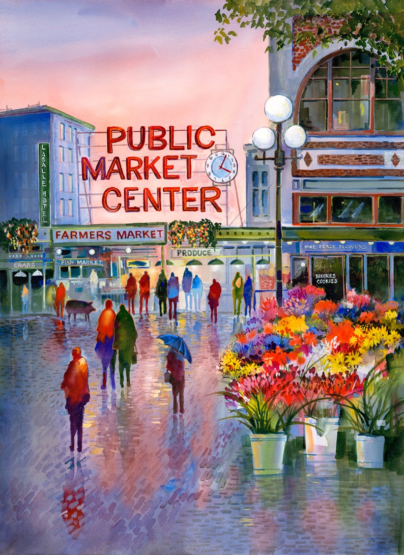 Seattle Public Market, John Ebner, Pike Street Market, Watercolor ...