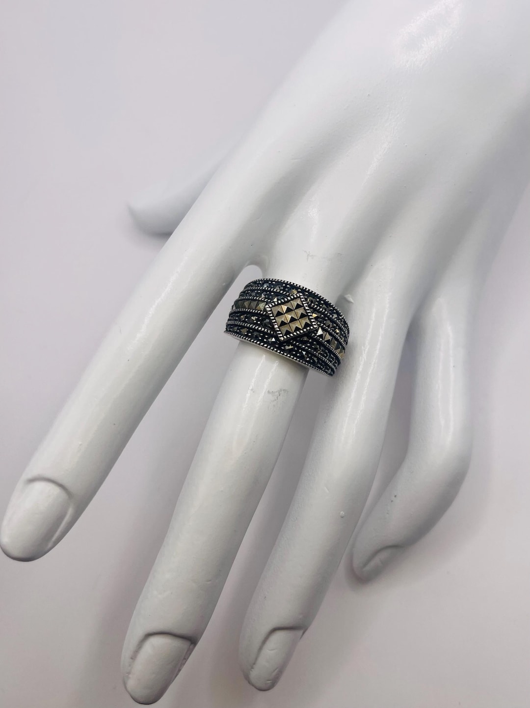 Vintage Judith Jack Sterling Silver & Marcasite Huge Art Deco Ring Sz 8 ...
