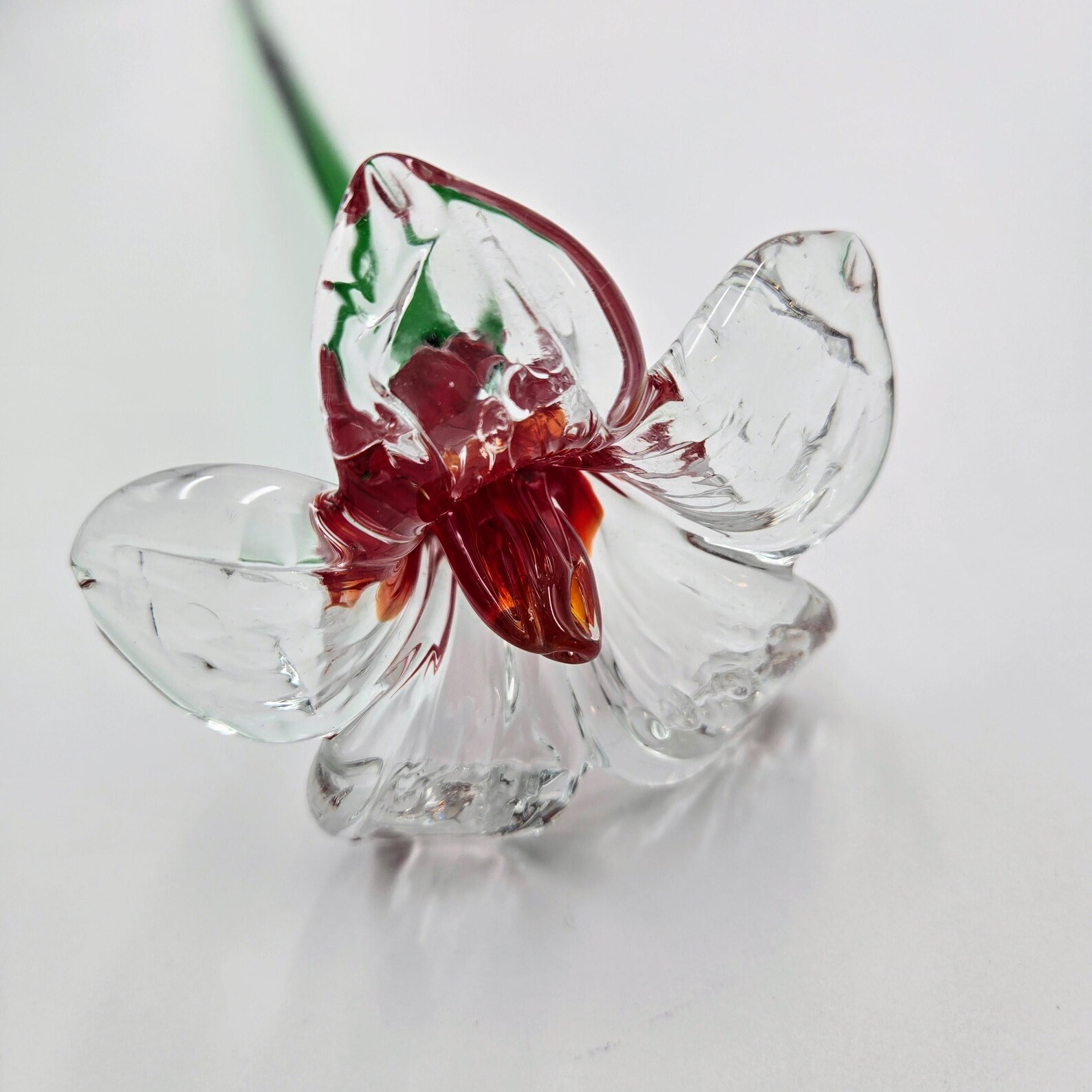 Art Glass Hand Blown Flower Red Clear Long Green Stem Flower Read - Etsy