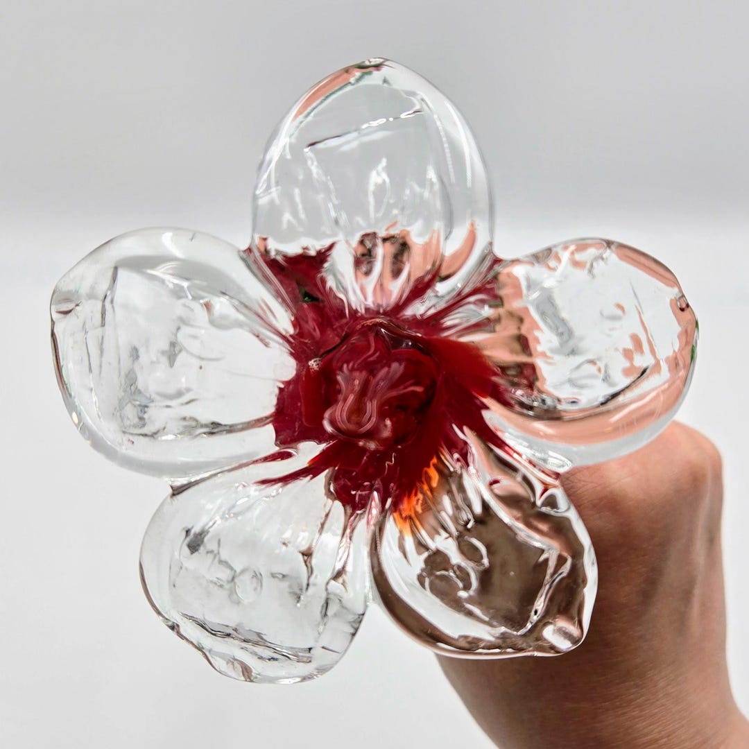 Art Glass Hand Blown Flower Red Clear Long Green Stem Flower Read - Etsy