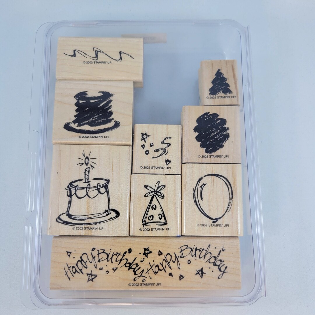 Wood Stamp Set Stampin Up Sketch A Party Birthday Cake Balloon 2002 ...