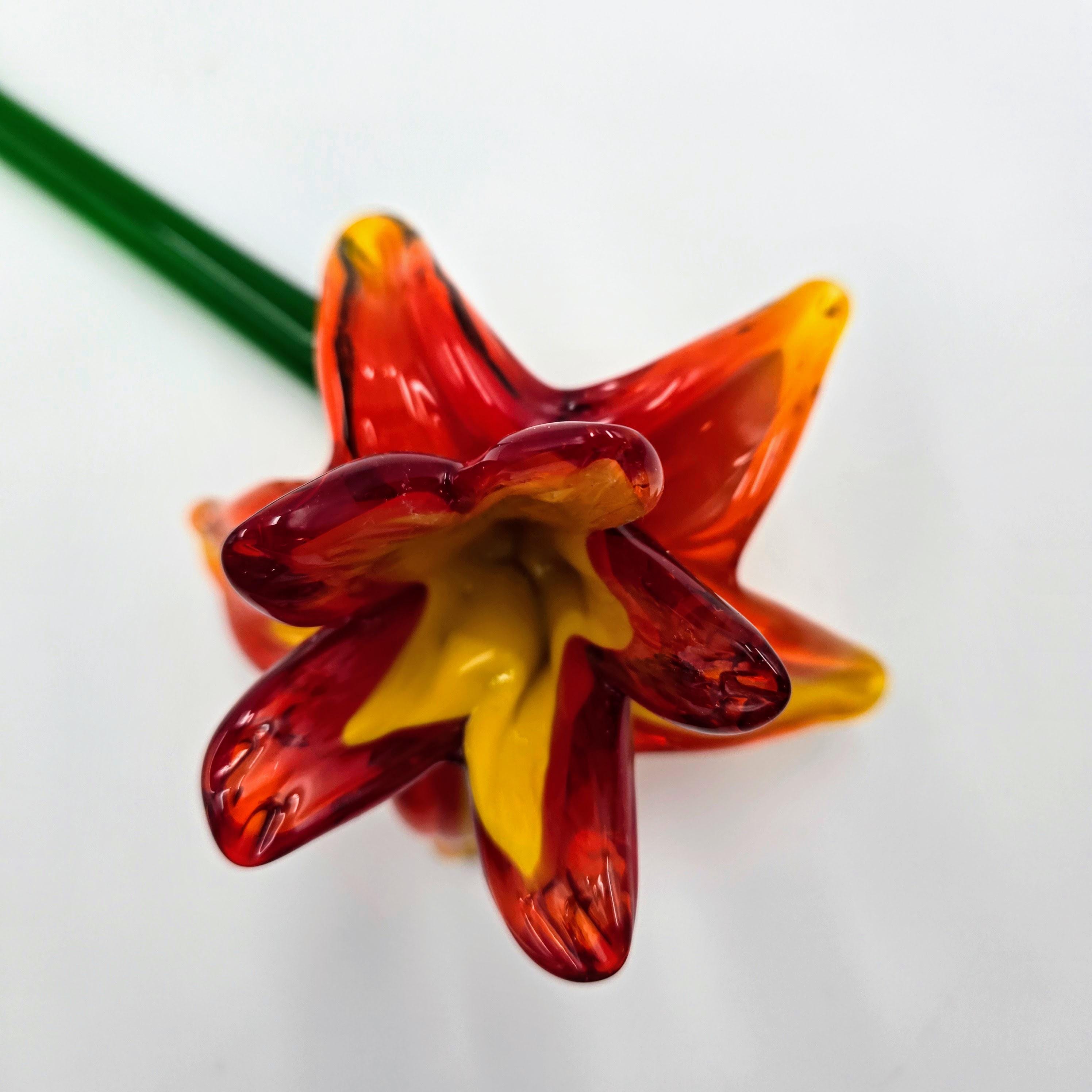 Art Glass Hand Blown Flower Red Yellow Long Green Stem Flower With Leaf ...