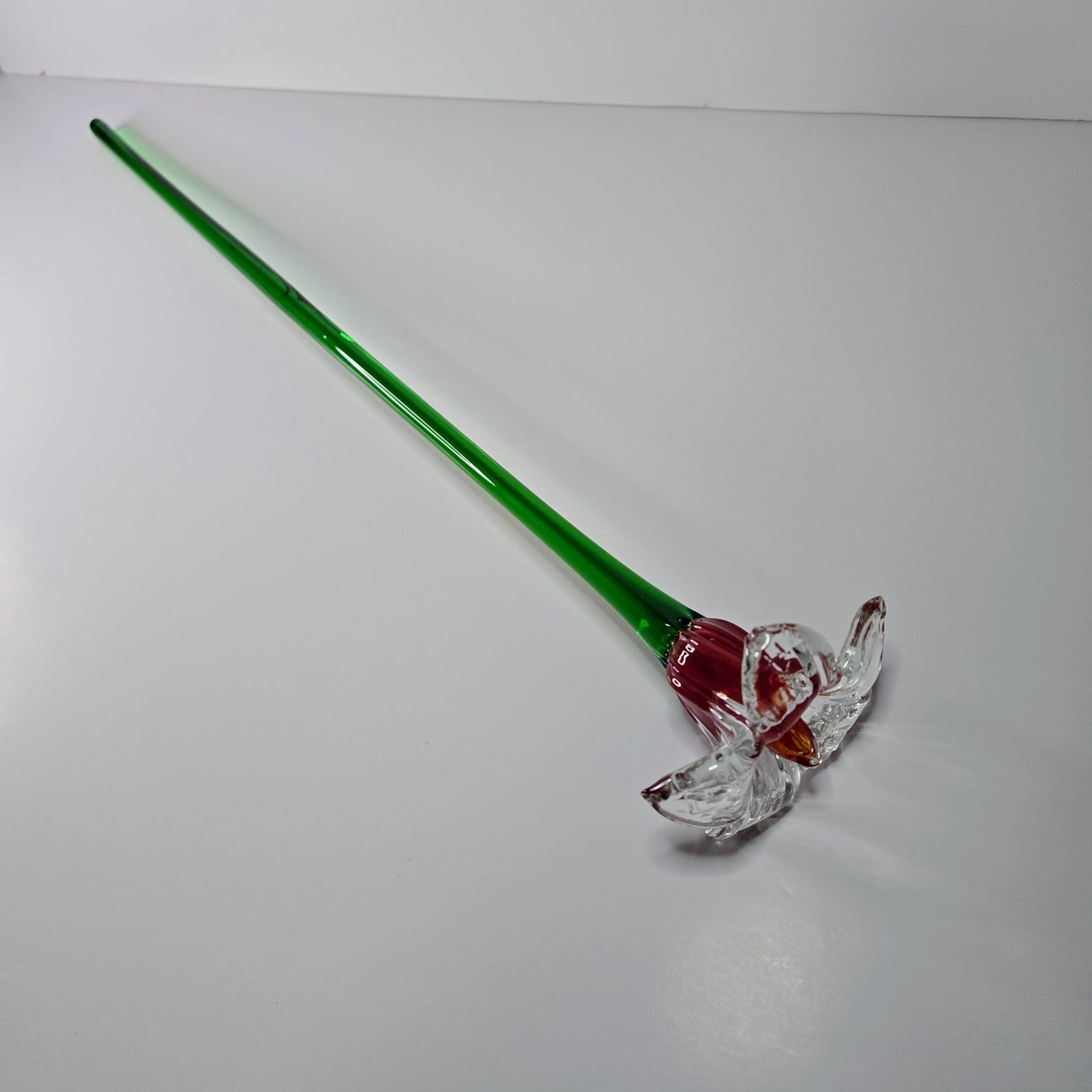Art Glass Hand Blown Flower Red Clear Long Green Stem Flower Read - Etsy