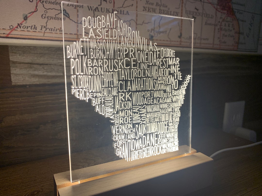 Wisconsin County Map, Led Acrylic Sign, Accent Lamp, Illuminated Sign ...