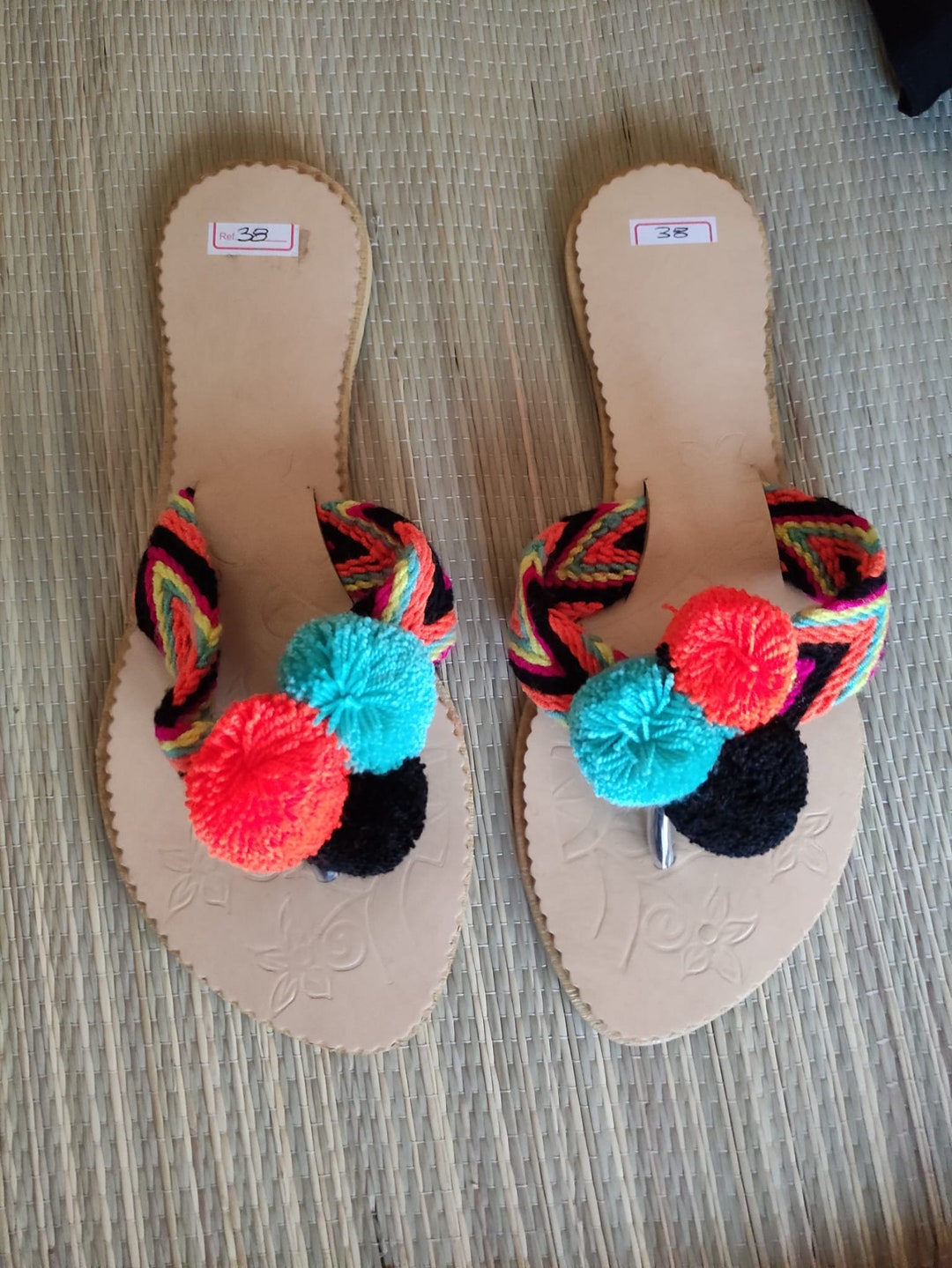 Wayuu Slippers Handmade, Multicolor Neon With Pom Poms, Women's ...