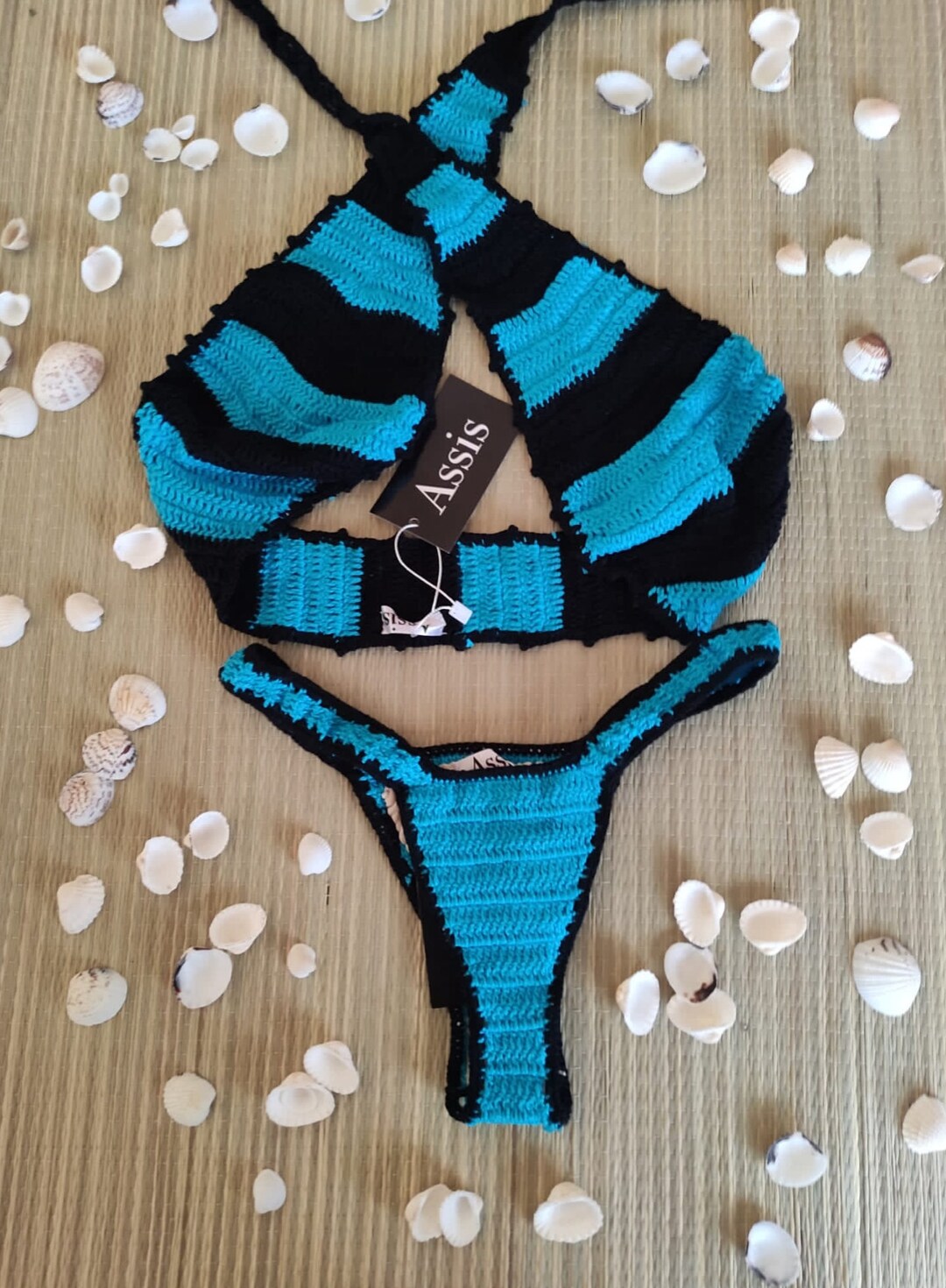 Ayala Brazilian Bikini, Handmade Crochet Black and Light Blue, Original ...