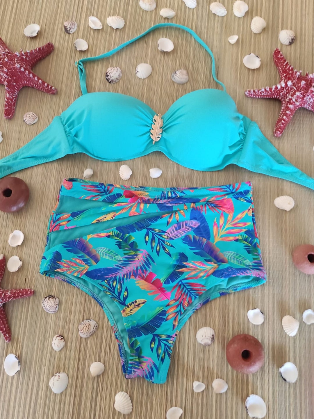 Turquoise Bikini With Tropical Leaves Pattern, Multicolored Swimsuit ...