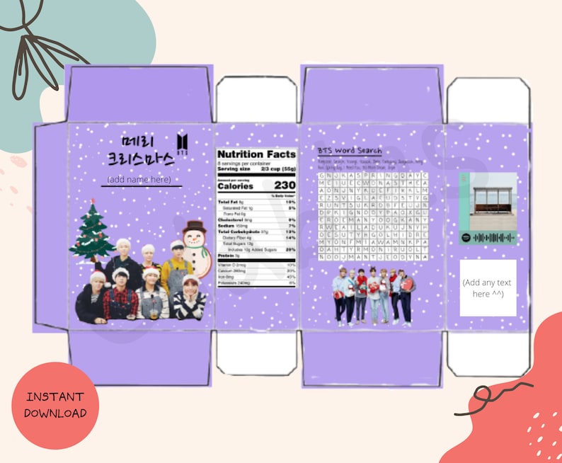 BTS Cereal Box, BTS Christmas Box, BTS Printable, Mini Gift Box, Xmas ...