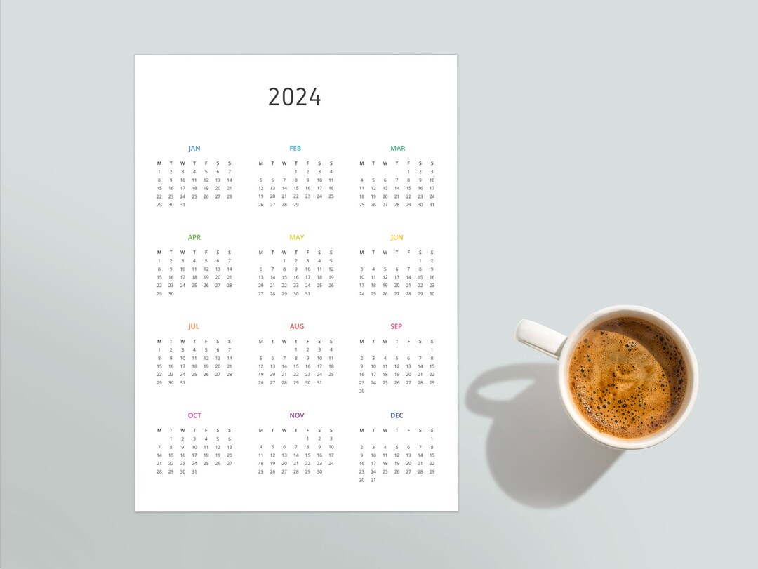 2024 Year Calendar PDF Printable PDF Year to View Calendar Rainbow ...