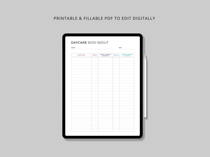 Daycare Sign in Sheet | Printable / Editable PDF | Sign in List | A4 ...