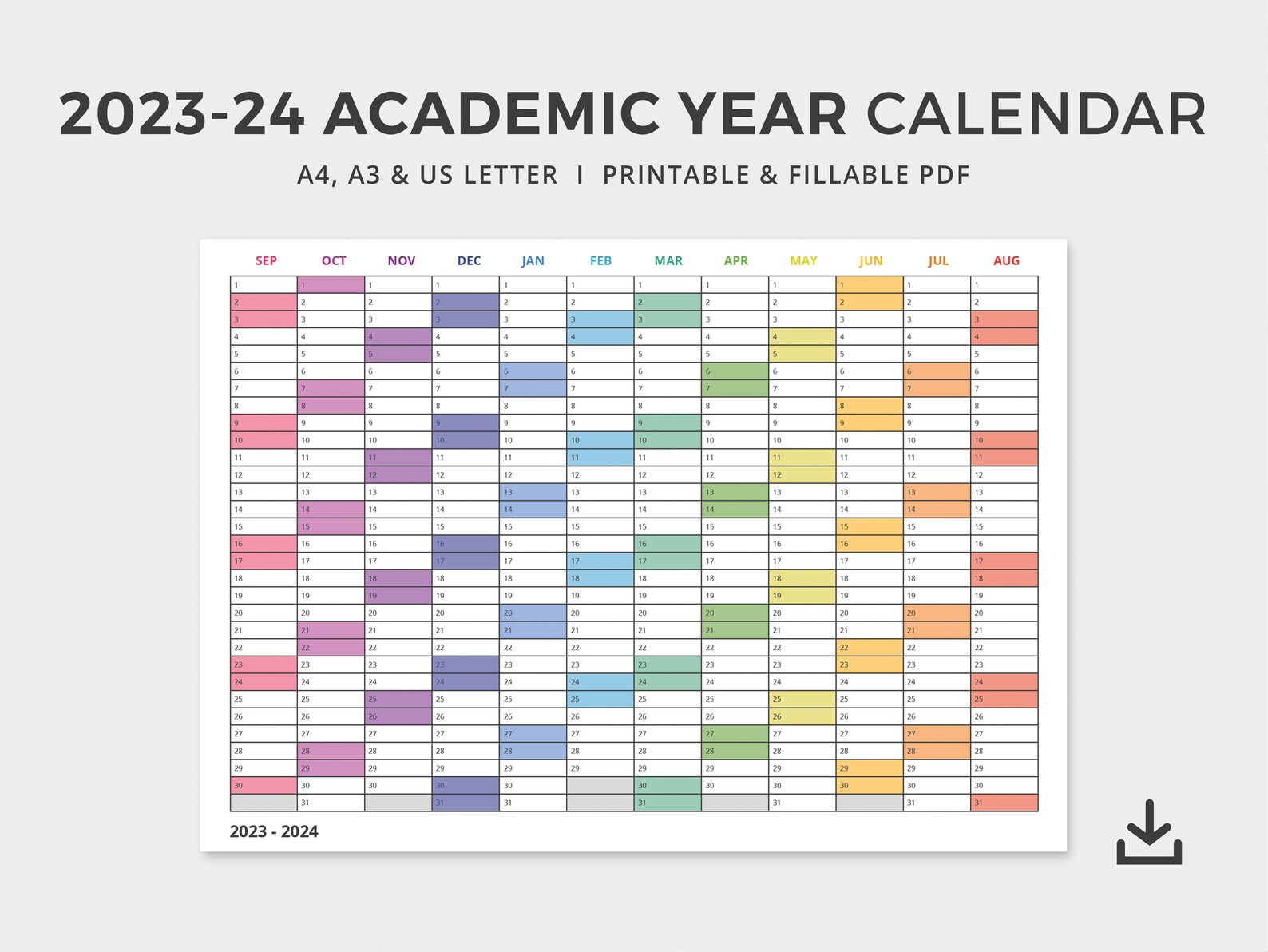 2023-2024 Academic Year Calendar PDF Printable / Editable Minimalistic ...