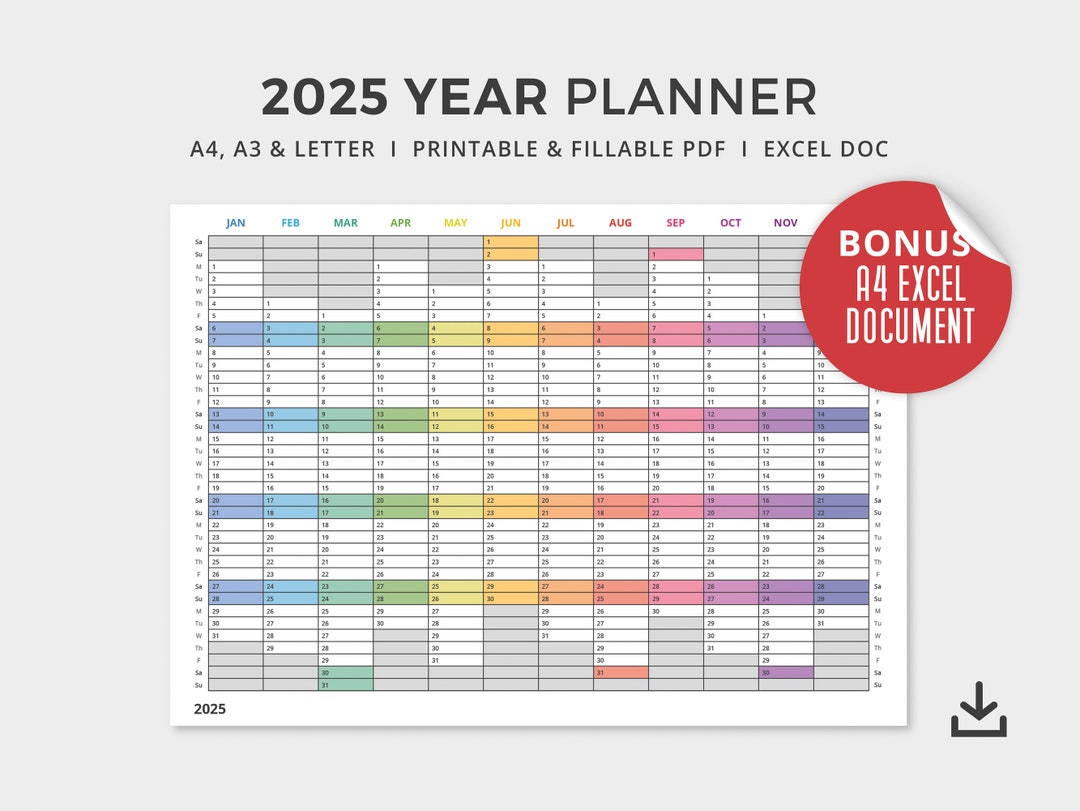2025 Year Planner: Minimalist Rainbow Calendar (PDF & Excel Digital ...