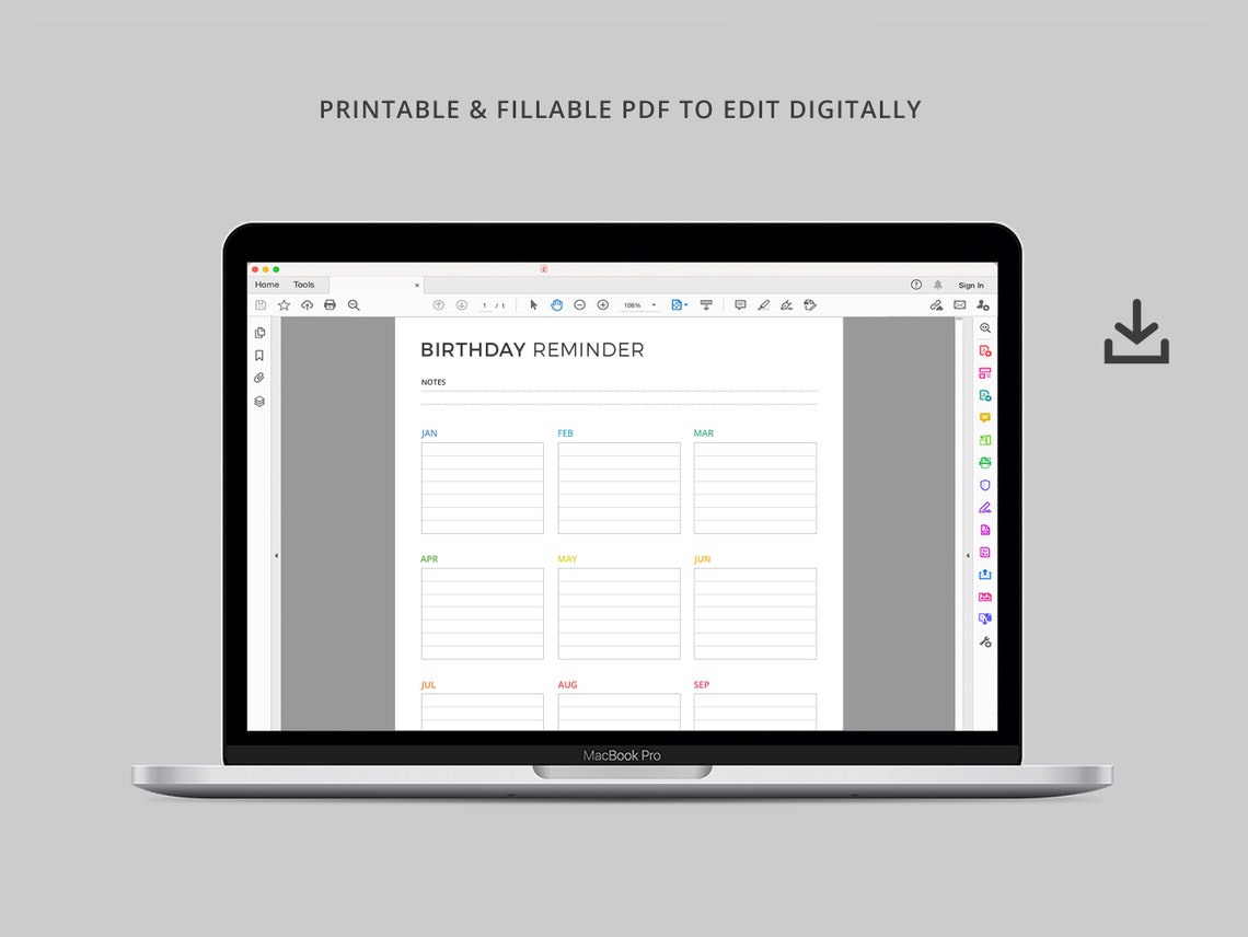 Birthday Reminder Printable / Editable PDF Birthdays A4 & US Letter ...