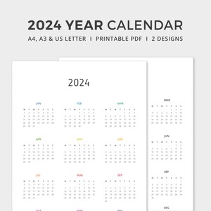 2024 Year Calendar Printable: Rainbow, Minimalist (A4, A3, US Letter ...