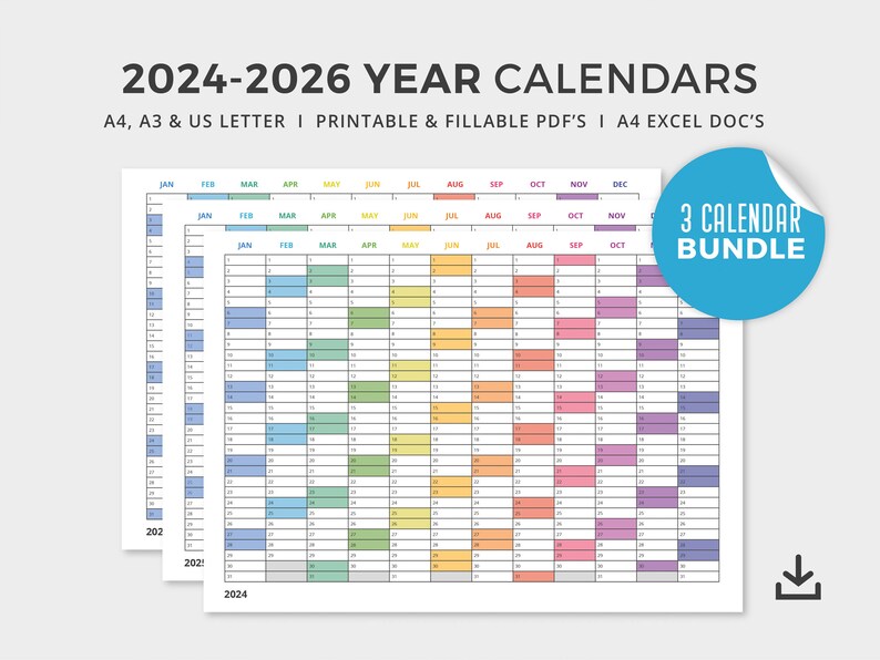 2024-2026 Rainbow Calendar Bundle: Printable Excel & PDF (A4, A3, US ...