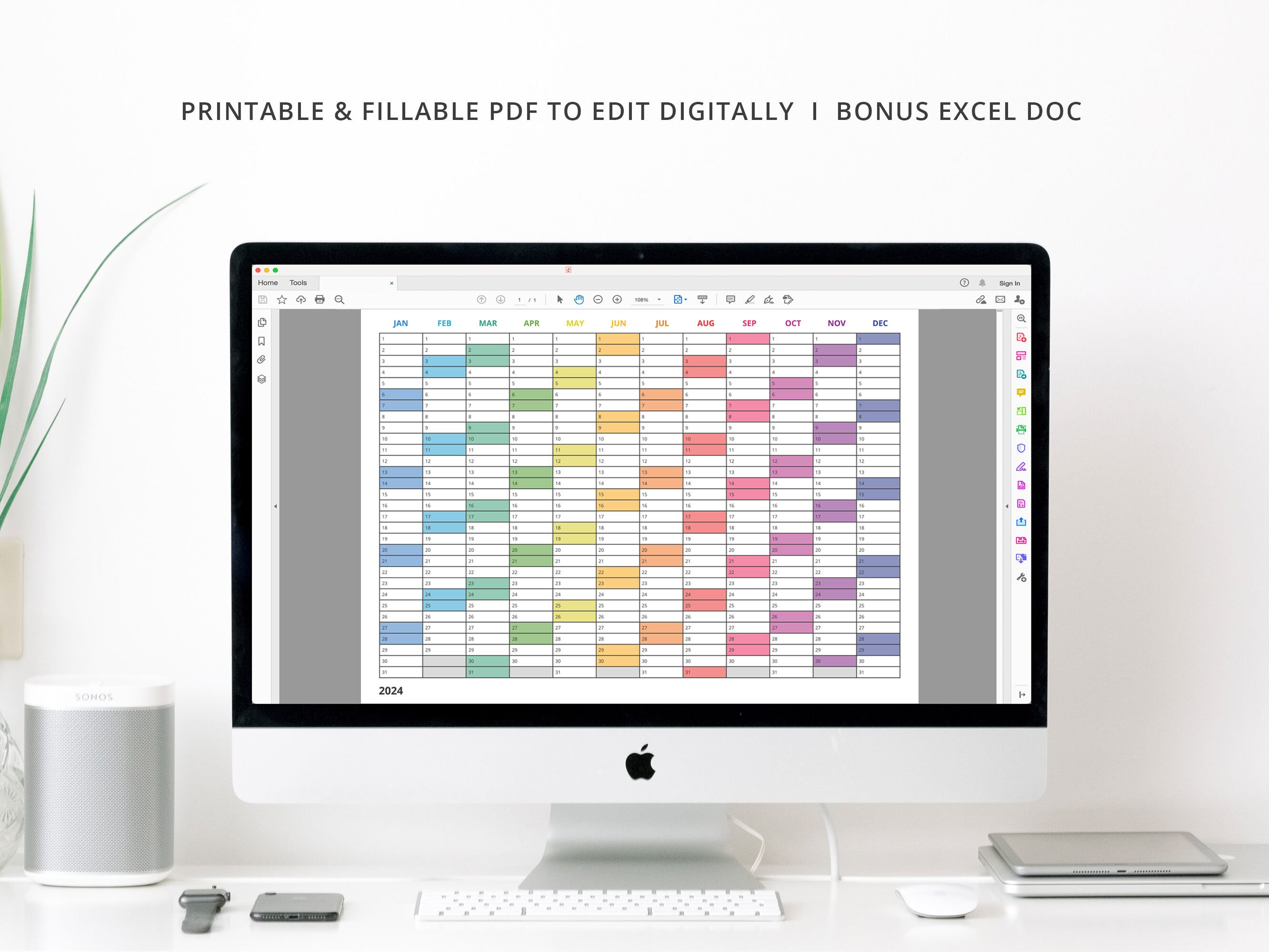2024 Year Calendar PDF and Excel Doc Printable and Editable Calendar ...