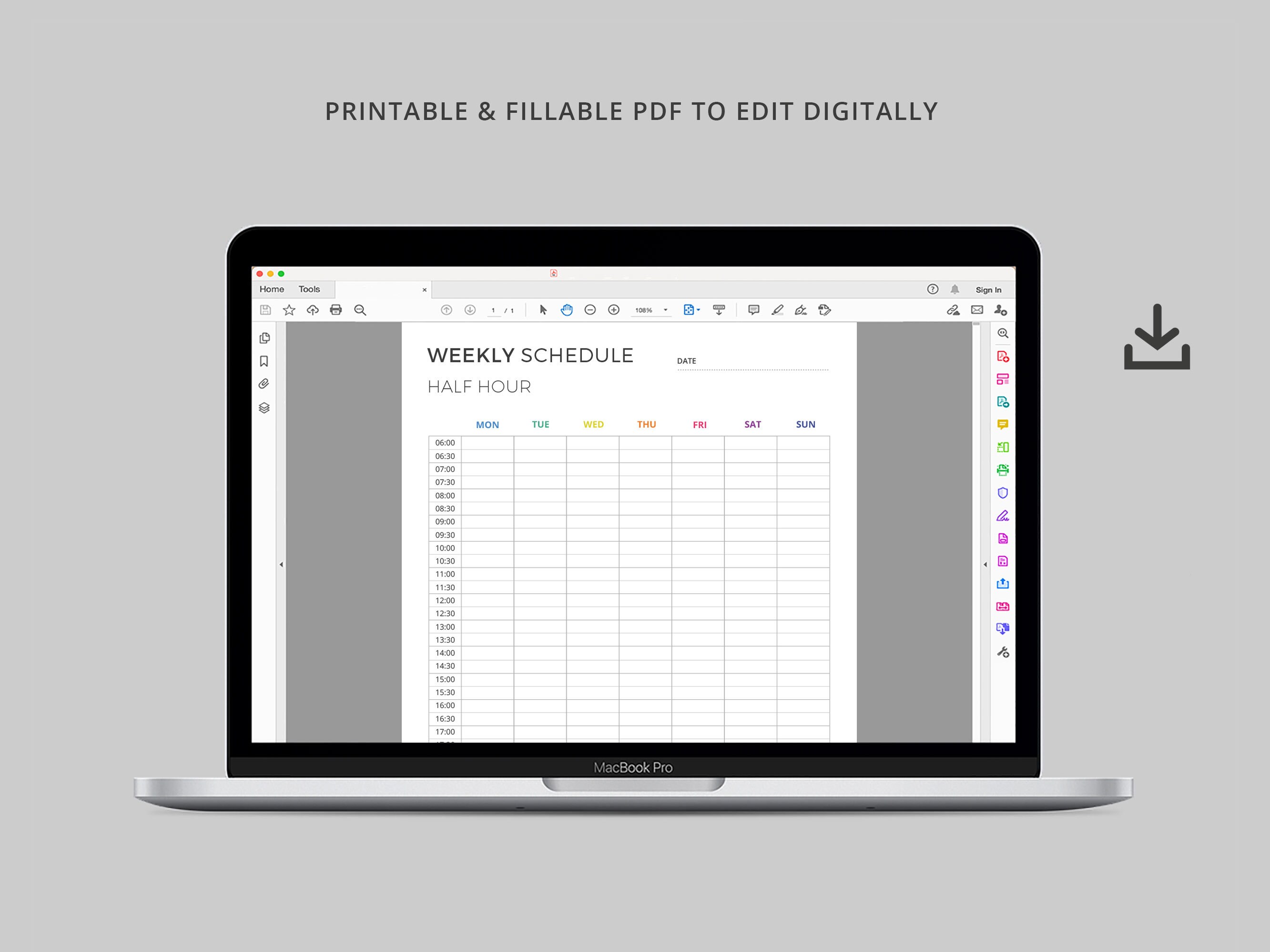 Half Hourly Week Schedule Printable / Editable PDF 30 Mins Weekly ...