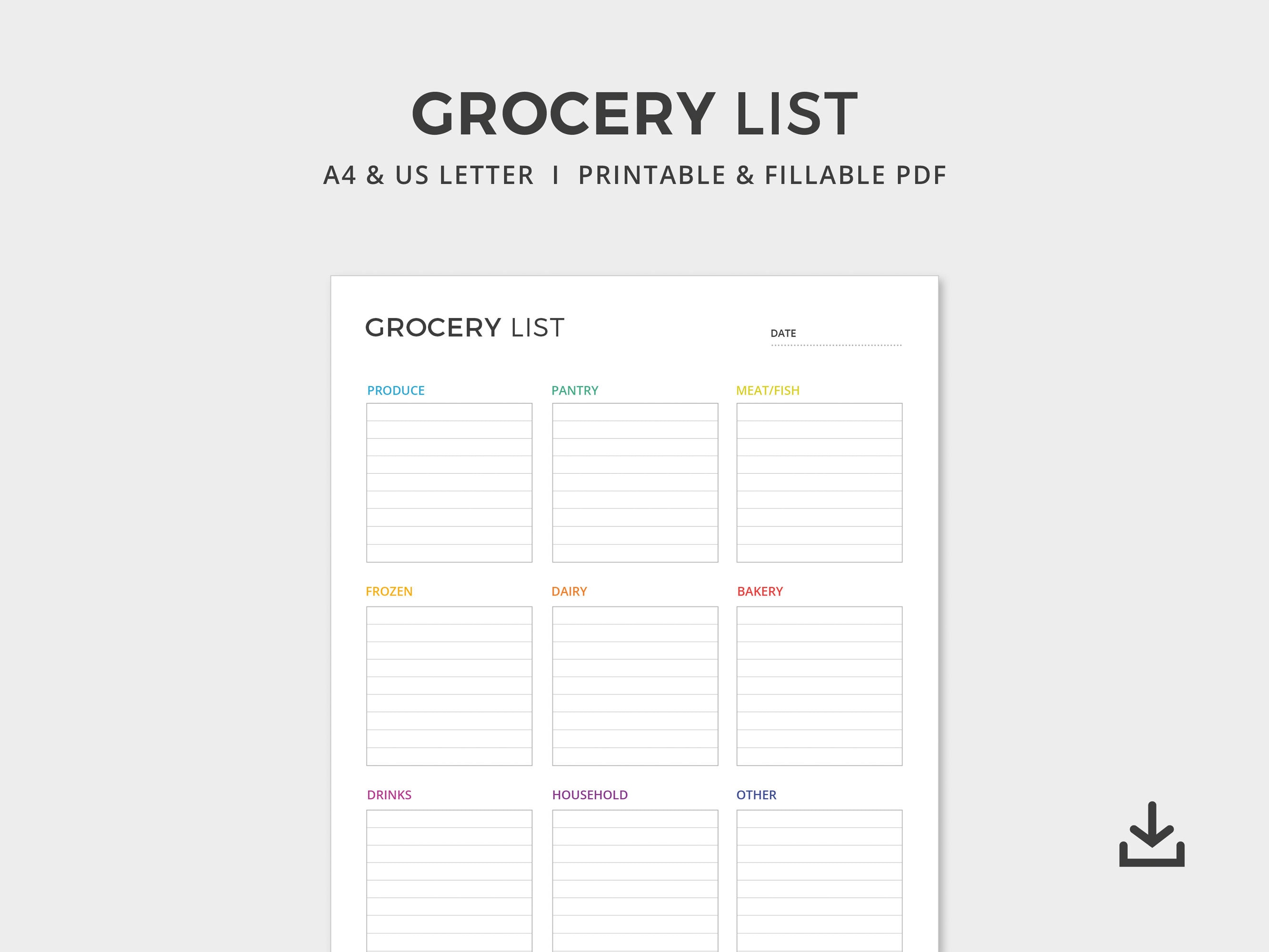 Grocery Planner Printable / Editable PDF Food List Grocery List A4 & US ...