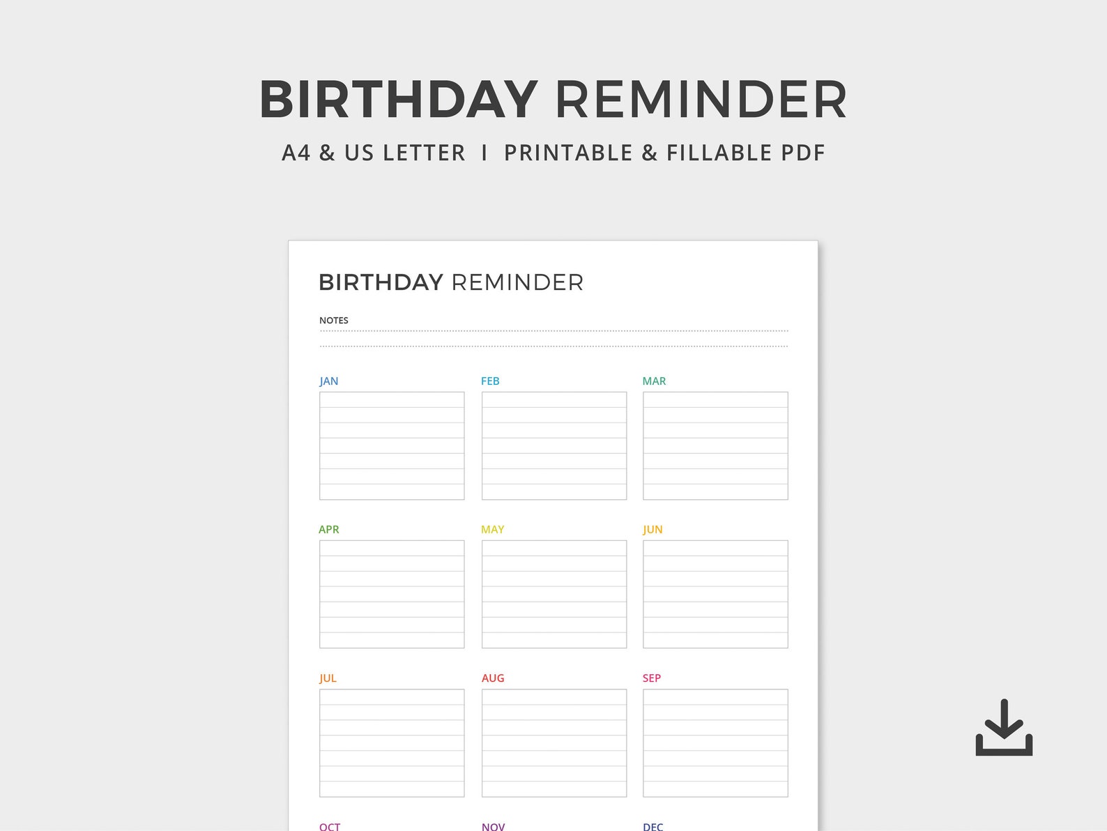Birthday Reminder Printable / Editable PDF Birthdays A4 & US Letter ...