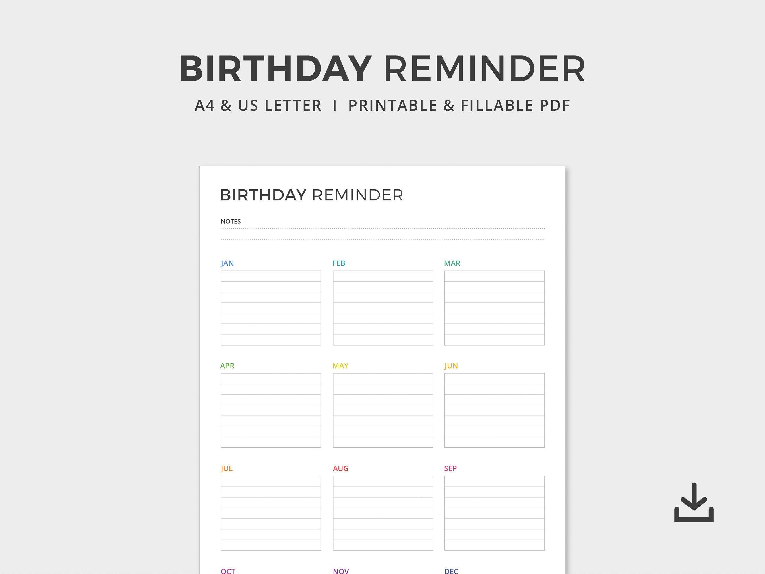 Birthday Reminder Printable / Editable PDF Birthdays A4 & US Letter ...