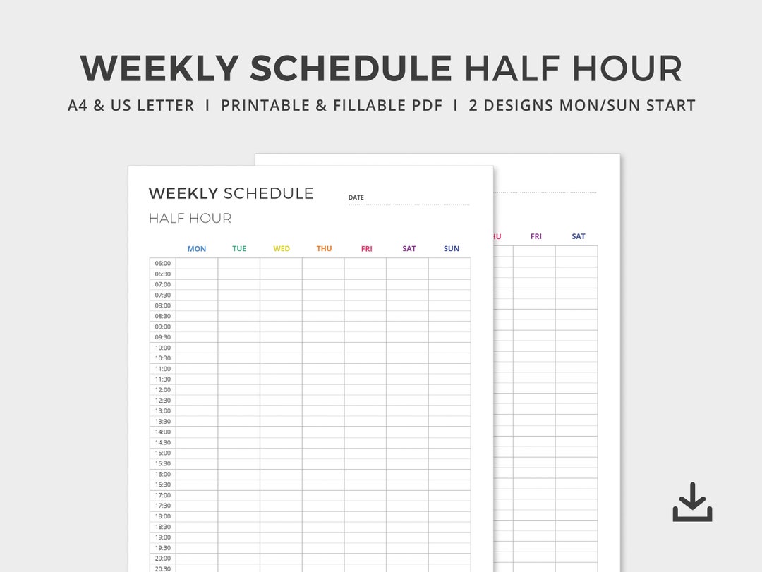 Half Hourly Week Schedule | Printable / Editable PDF | 30 Mins Weekly ...