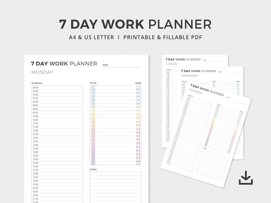 7 Day Work Planner | Printable / Editable PDF | Daily Work Planner ...