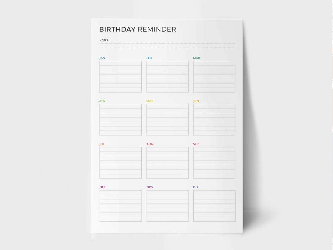 Birthday Reminder Printable / Editable PDF Birthdays A4 & US Letter ...