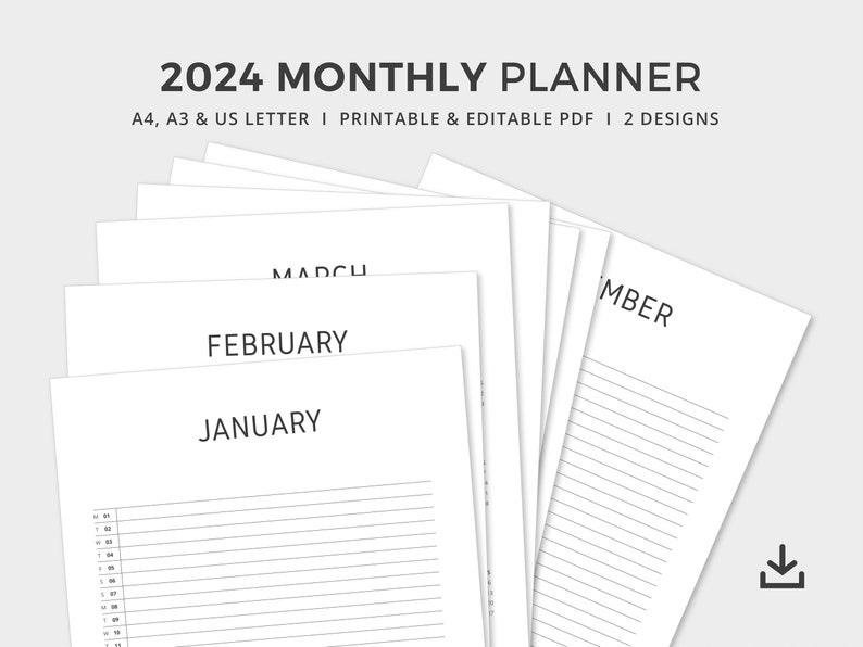 2024 Monthly Planner PDF Printable / Editable Monthly Calendar Lined A4 ...