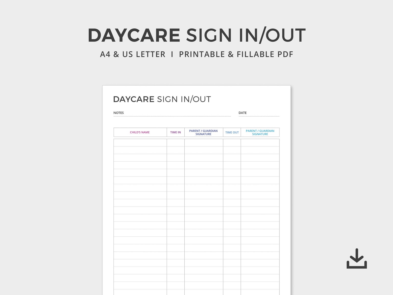 Daycare Sign in Sheet | Printable / Editable PDF | Sign in List | A4 ...