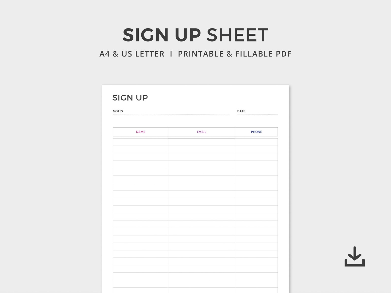 Sign up Sheet | Printable / Editable PDF | Sign up List | A4 & US ...