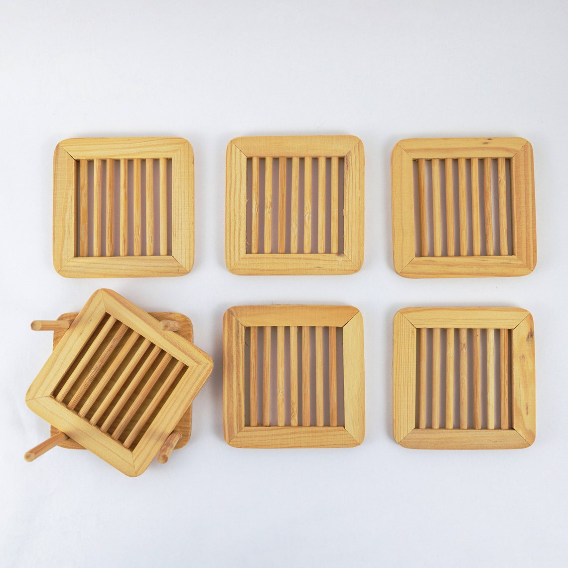 Set of 6 Wooden Coasters in Holder. Scandinavian Blond Wood Simplicity ...