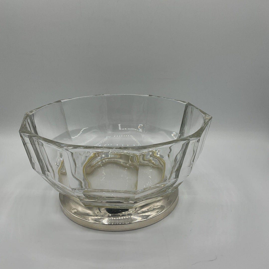 Mid Century Glass Bowl Footed Silver Plate Pedestal Decagon 10 Sided ...
