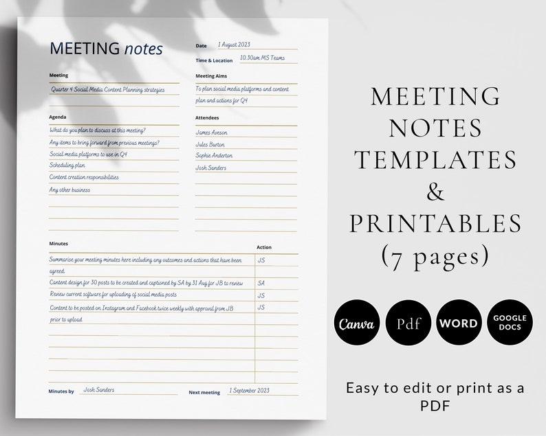 Meeting Agenda Template, Meeting Template, Printable Meeting Notes ...
