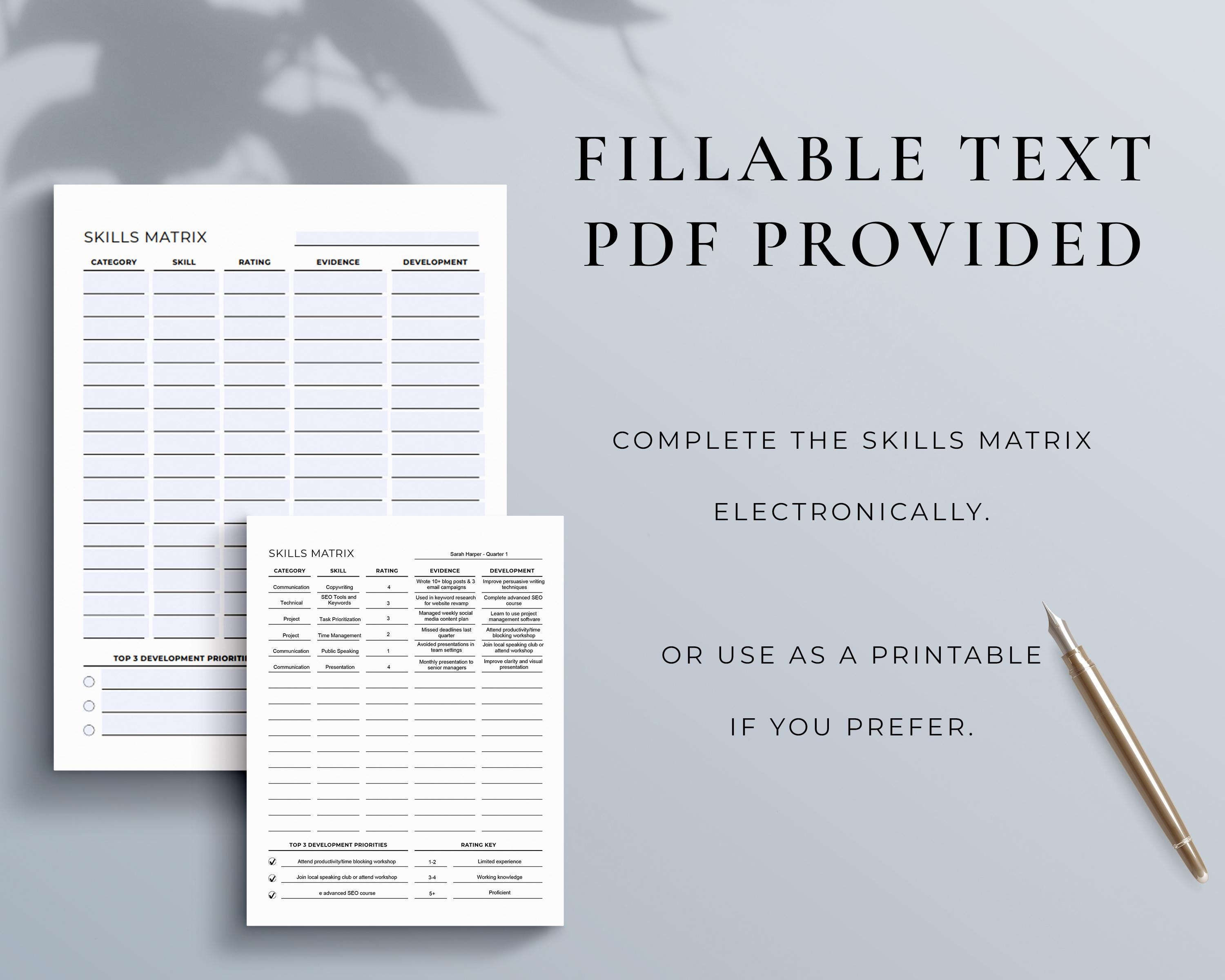 Skills Matrix Printable, Skills Management Tracker, Career Coaching Tools, Skills Assessment ...