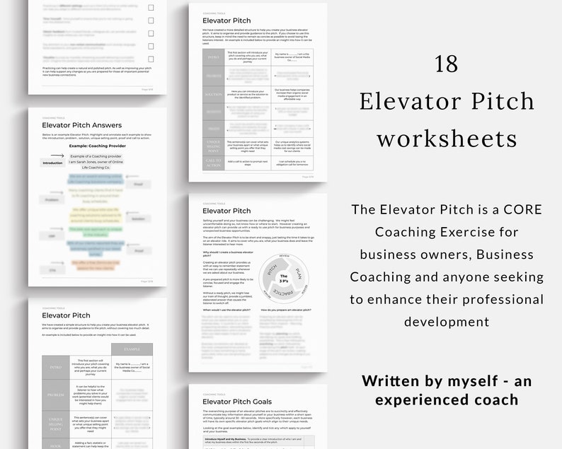 Elevator Pitch Coaching Worksheets With Speech Examples, Canva Business ...