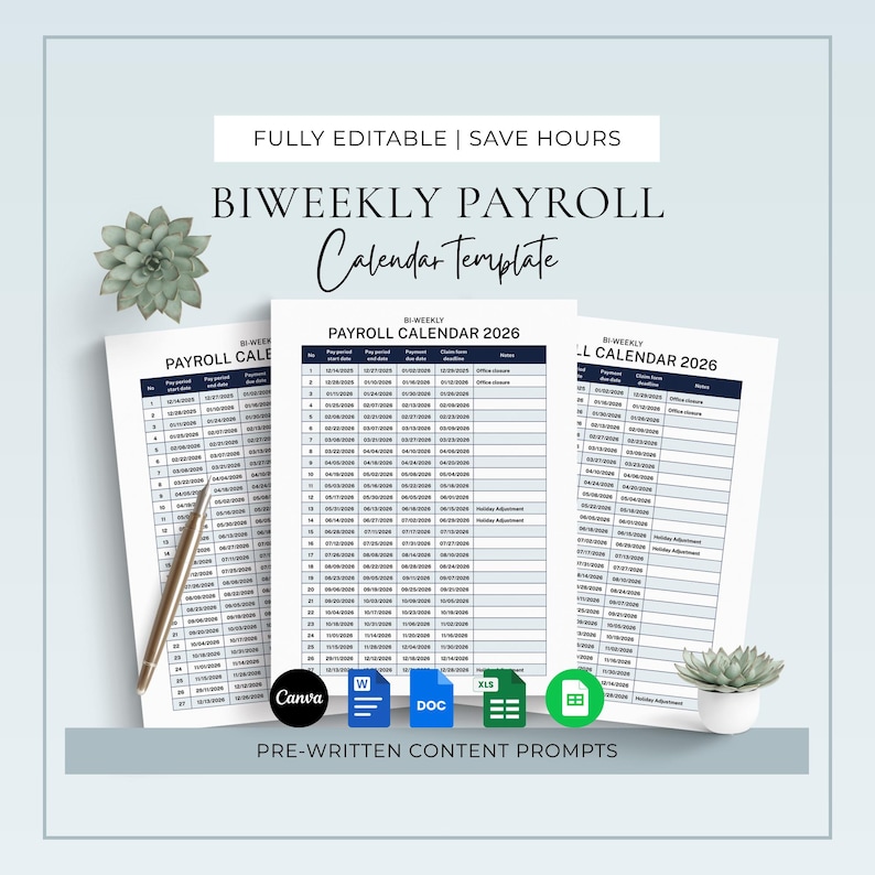 Biweekly Payroll Calendar Template 2026, Bi Weekly Pay Schedule in Canva, MS Word, Excel, Google ...